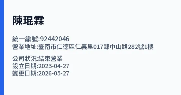 陳琨霖的照片-統編 92442046(臺南市) 公司登記資料與營業項目詳細圖表