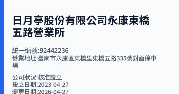 日月亭股份有限公司永康東橋五路營業所的照片-統編 92442236(臺南市) 公司登記資料與營業項目詳細圖表