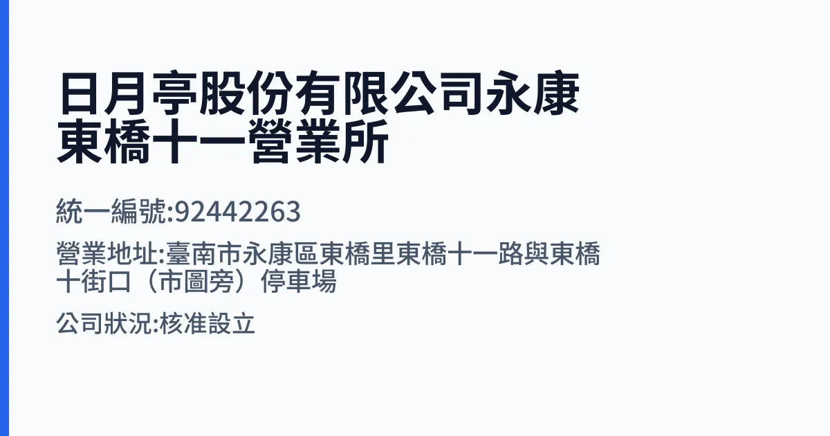 日月亭股份有限公司永康東橋十一營業所 - 統編 92442263(臺南市) 公司登記資料與營業項目詳細圖表