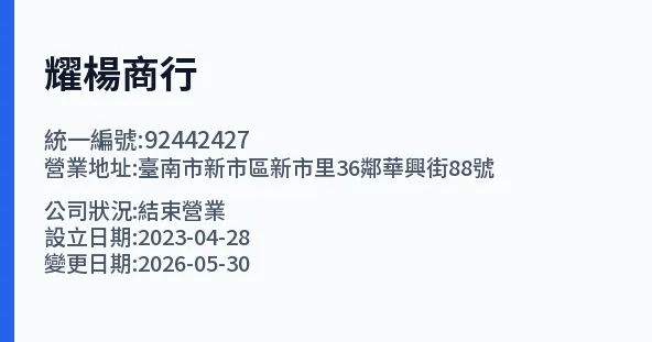 耀楊商行的照片-統編 92442427(臺南市) 公司登記資料與營業項目詳細圖表