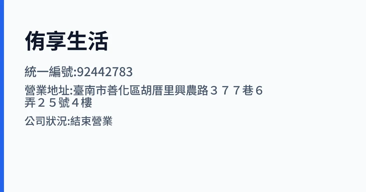 侑享生活 - 統編 92442783(臺南市) 公司登記資料與營業項目詳細圖表