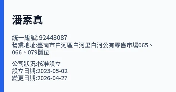 潘素真的照片-統編 92443087(臺南市) 公司登記資料與營業項目詳細圖表