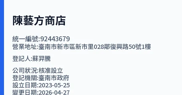 陳藝方商店的照片-統編 92443679(臺南市) 公司登記資料與營業項目詳細圖表