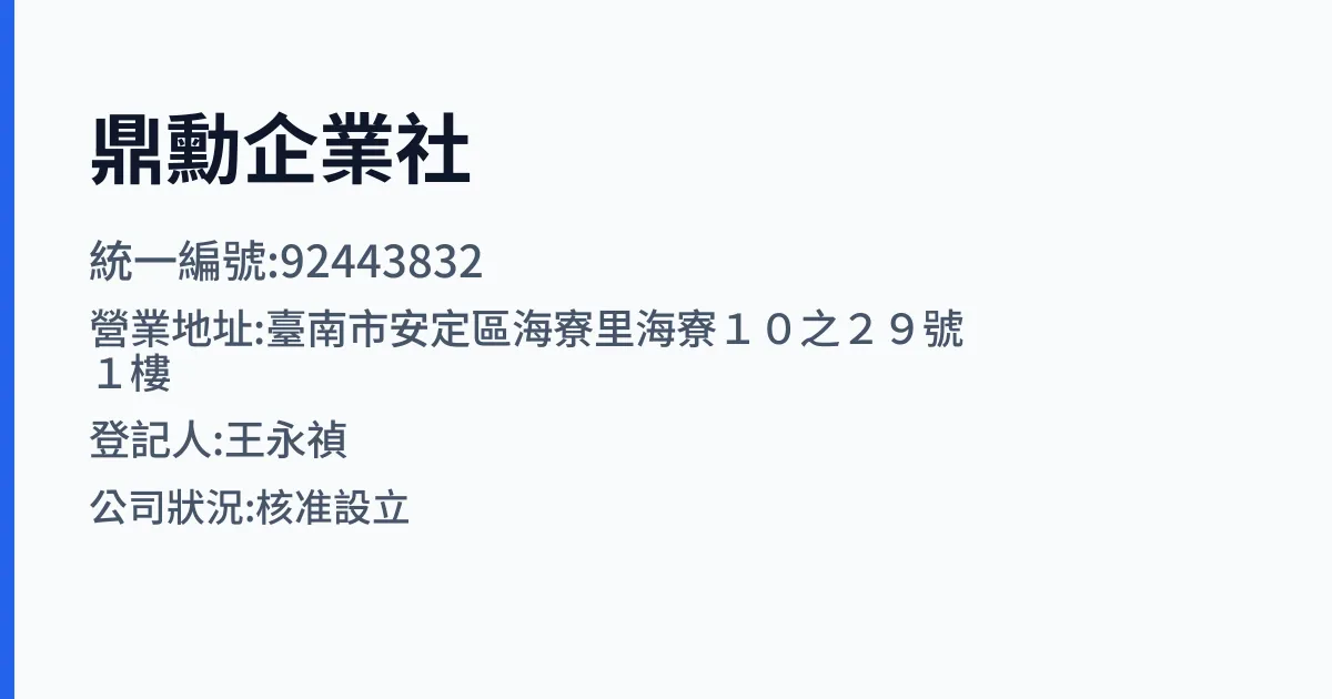 鼎勳企業社 - 統編 92443832(臺南市) 公司登記資料與營業項目詳細圖表