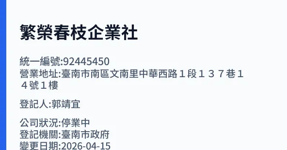 繁榮春枝企業社的照片-統編 92445450(臺南市) 公司登記資料與營業項目詳細圖表