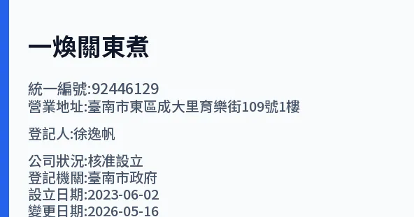 一煥關東煮的照片-統編 92446129(臺南市) 公司登記資料與營業項目詳細圖表