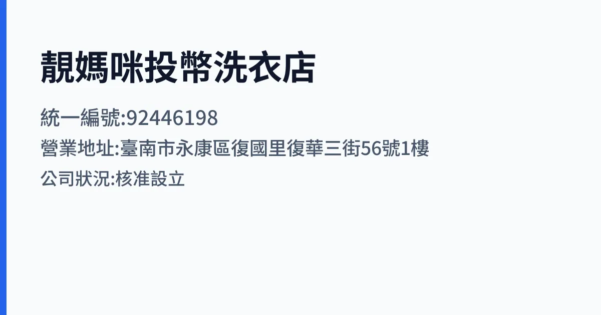 靚媽咪投幣洗衣店 - 統編 92446198(臺南市) 公司登記資料與營業項目詳細圖表