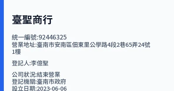 臺聖商行的照片-統編 92446325(臺南市) 公司登記資料與營業項目詳細圖表
