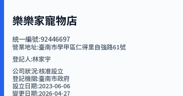 樂樂家寵物店的照片-統編 92446697(臺南市) 公司登記資料與營業項目詳細圖表