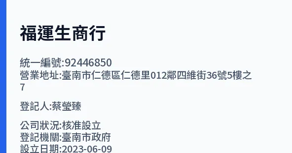 福運生商行的照片-統編 92446850(臺南市) 公司登記資料與營業項目詳細圖表