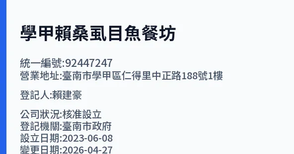 學甲賴桑虱目魚餐坊的照片-統編 92447247(臺南市) 公司登記資料與營業項目詳細圖表