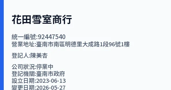 花田雪室商行的照片-統編 92447540(臺南市) 公司登記資料與營業項目詳細圖表