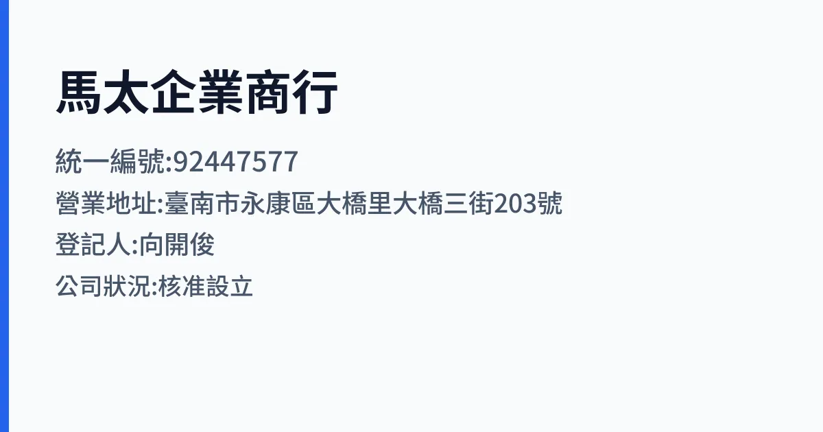 馬太企業商行 - 統編 92447577(臺南市) 公司登記資料與營業項目詳細圖表