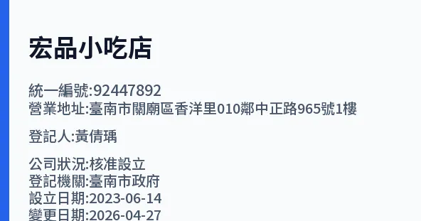 宏品小吃店的照片-統編 92447892(臺南市) 公司登記資料與營業項目詳細圖表