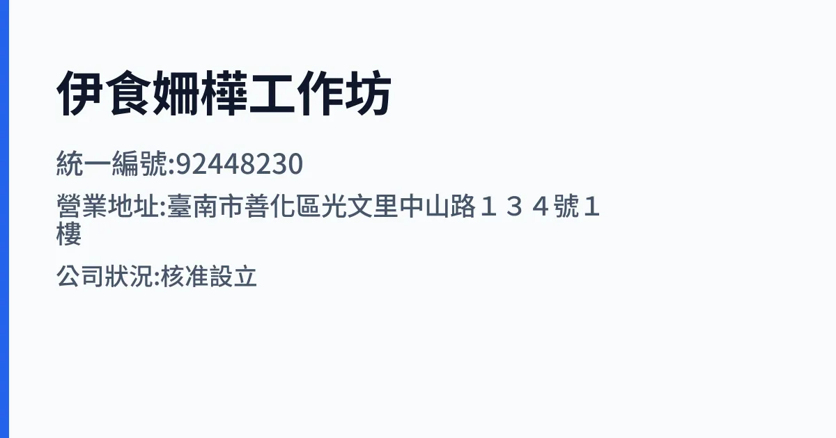 伊食姍樺工作坊 - 統編 92448230(臺南市) 公司登記資料與營業項目詳細圖表