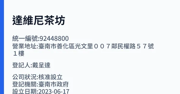 達維尼茶坊的照片-統編 92448800(臺南市) 公司登記資料與營業項目詳細圖表