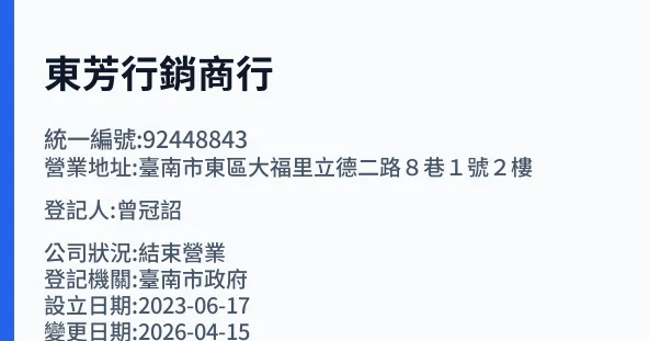 東芳行銷商行的照片-統編 92448843(臺南市) 公司登記資料與營業項目詳細圖表
