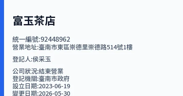 富玉茶店的照片-統編 92448962(臺南市) 公司登記資料與營業項目詳細圖表