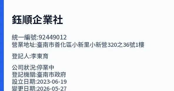 鈺順企業社的照片-統編 92449012(臺南市) 公司登記資料與營業項目詳細圖表