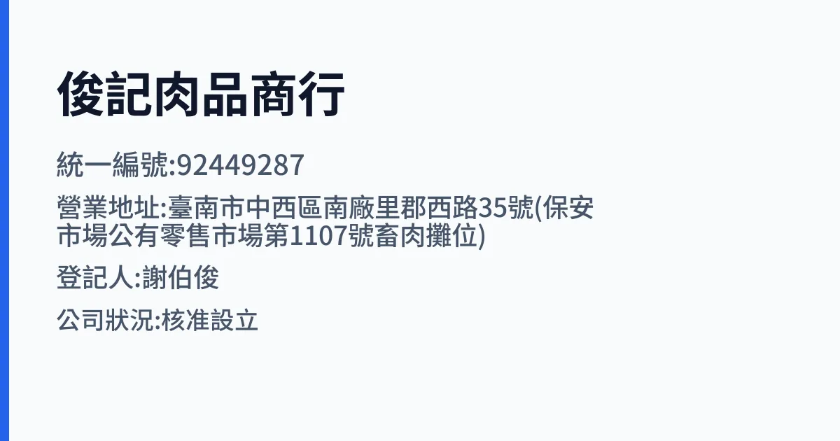 俊記肉品商行 - 統編 92449287(臺南市) 公司登記資料與營業項目詳細圖表