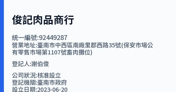 俊記肉品商行的照片-統編 92449287(臺南市) 公司登記資料與營業項目詳細圖表