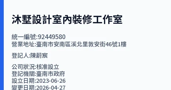 沐墅設計室內裝修工作室的照片-統編 92449580(臺南市) 公司登記資料與營業項目詳細圖表