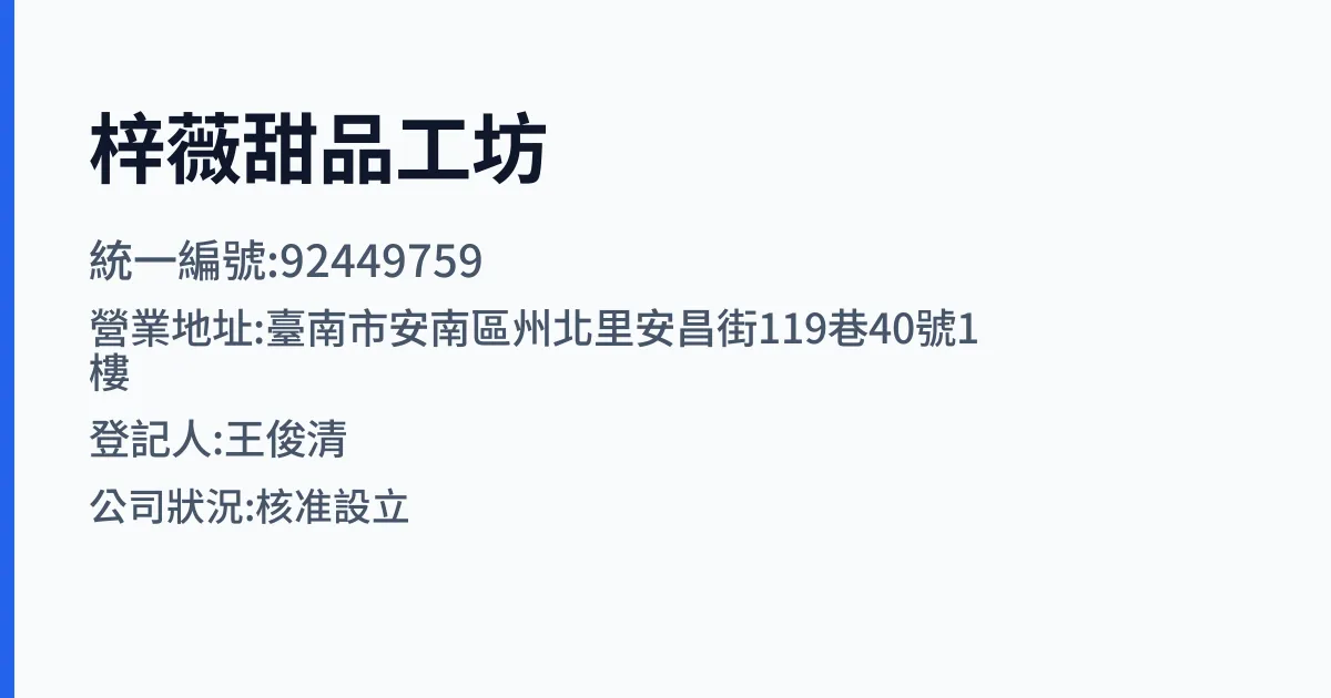 梓薇甜品工坊 - 統編 92449759(臺南市) 公司登記資料與營業項目詳細圖表
