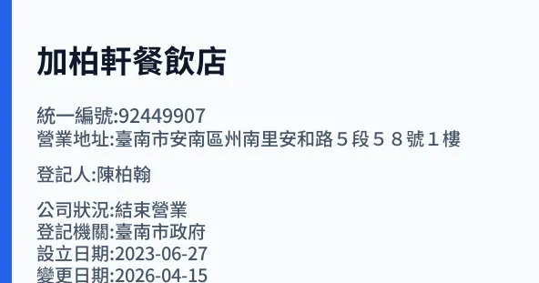 加柏軒餐飲店的照片-統編 92449907(臺南市) 公司登記資料與營業項目詳細圖表