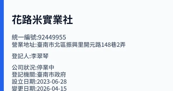 花路米實業社的照片-統編 92449955(臺南市) 公司登記資料與營業項目詳細圖表