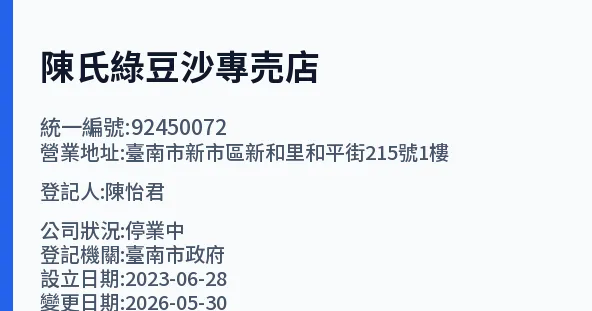 陳氏綠豆沙專売店的照片-統編 92450072(臺南市) 公司登記資料與營業項目詳細圖表