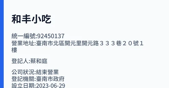 和丰小吃的照片-統編 92450137(臺南市) 公司登記資料與營業項目詳細圖表
