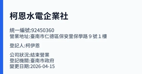 柯恩水電企業社的照片-統編 92450360(臺南市) 公司登記資料與營業項目詳細圖表