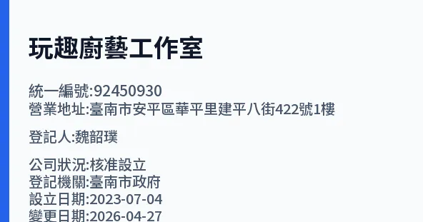 玩趣廚藝工作室的照片-統編 92450930(臺南市) 公司登記資料與營業項目詳細圖表