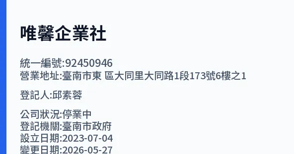 唯馨企業社的照片-統編 92450946(臺南市) 公司登記資料與營業項目詳細圖表