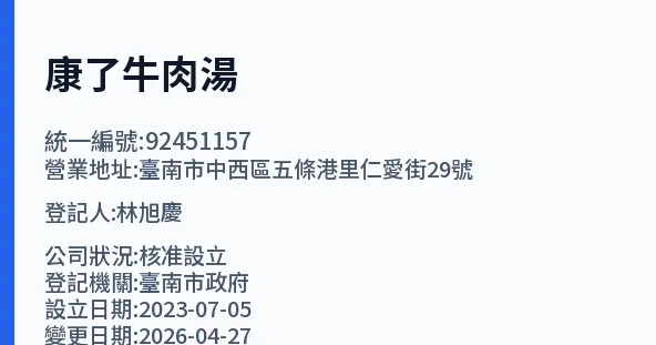 康了牛肉湯的照片-統編 92451157(臺南市) 公司登記資料與營業項目詳細圖表