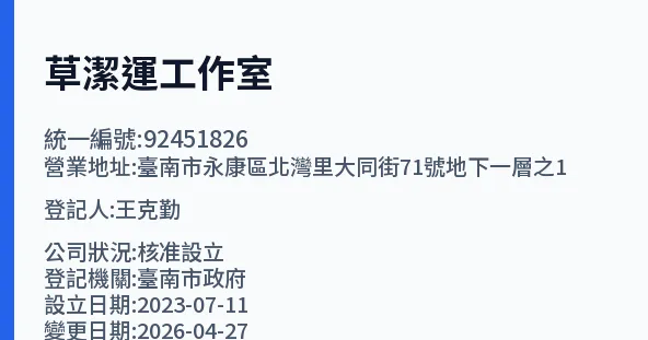草潔運工作室的照片-統編 92451826(臺南市) 公司登記資料與營業項目詳細圖表