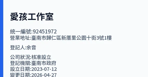 愛孩工作室的照片-統編 92451972(臺南市) 公司登記資料與營業項目詳細圖表