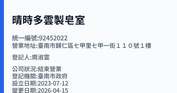 晴時多雲製皂室的照片-統編 92452022(臺南市) 公司登記資料與營業項目詳細圖表