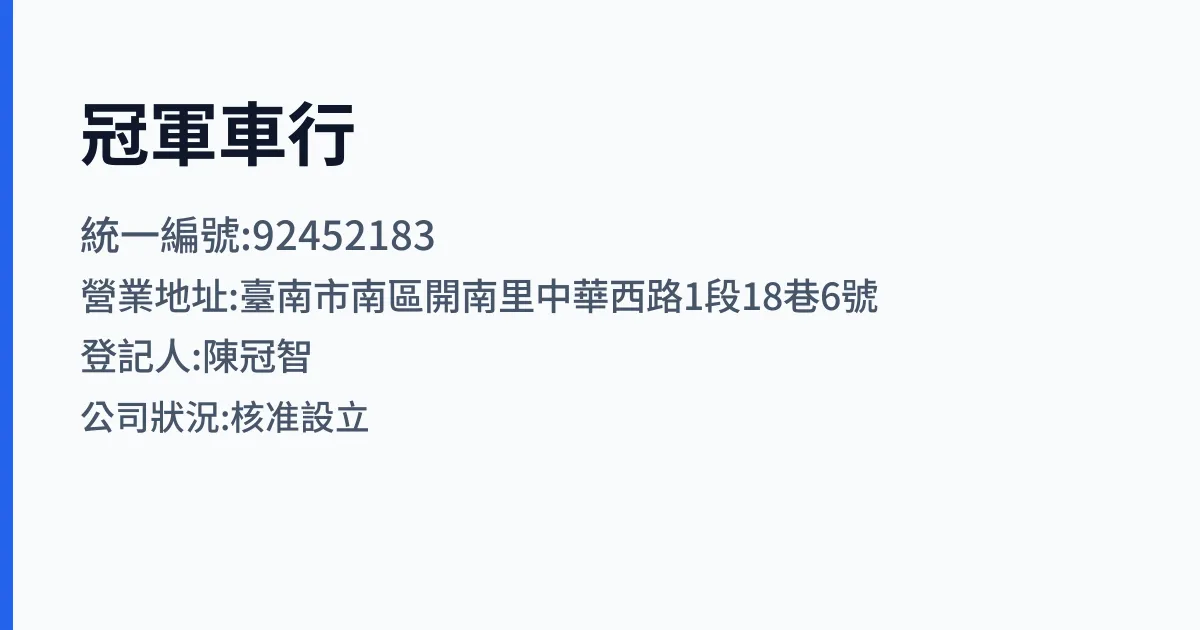 冠軍車行 - 統編 92452183(臺南市) 公司登記資料與營業項目詳細圖表