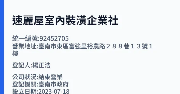 速麗屋室內裝潢企業社的照片-統編 92452705(臺南市) 公司登記資料與營業項目詳細圖表