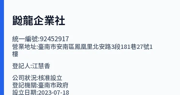 鼢龍企業社的照片-統編 92452917(臺南市) 公司登記資料與營業項目詳細圖表