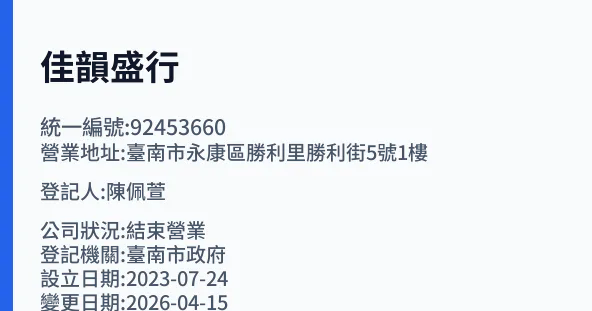 佳韻盛行的照片-統編 92453660(臺南市) 公司登記資料與營業項目詳細圖表