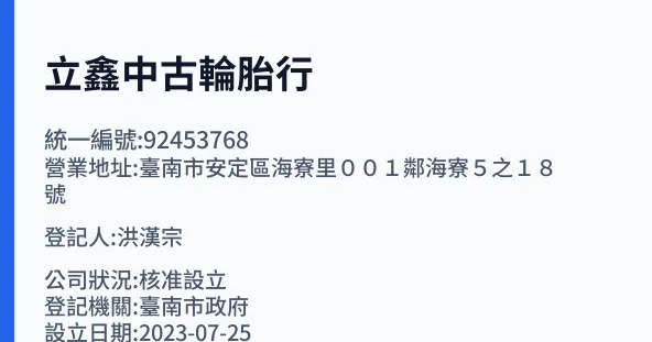 立鑫中古輪胎行的照片-統編 92453768(臺南市) 公司登記資料與營業項目詳細圖表
