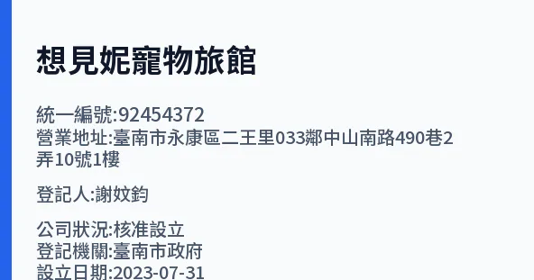 想見妮寵物旅館的照片-統編 92454372(臺南市) 公司登記資料與營業項目詳細圖表