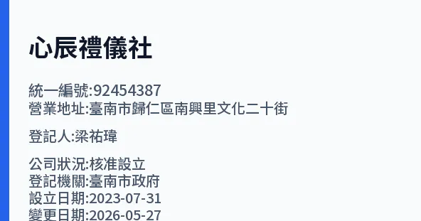 心辰禮儀社的照片-統編 92454387(臺南市) 公司登記資料與營業項目詳細圖表