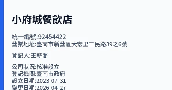 小府城餐飲店的照片-統編 92454422(臺南市) 公司登記資料與營業項目詳細圖表