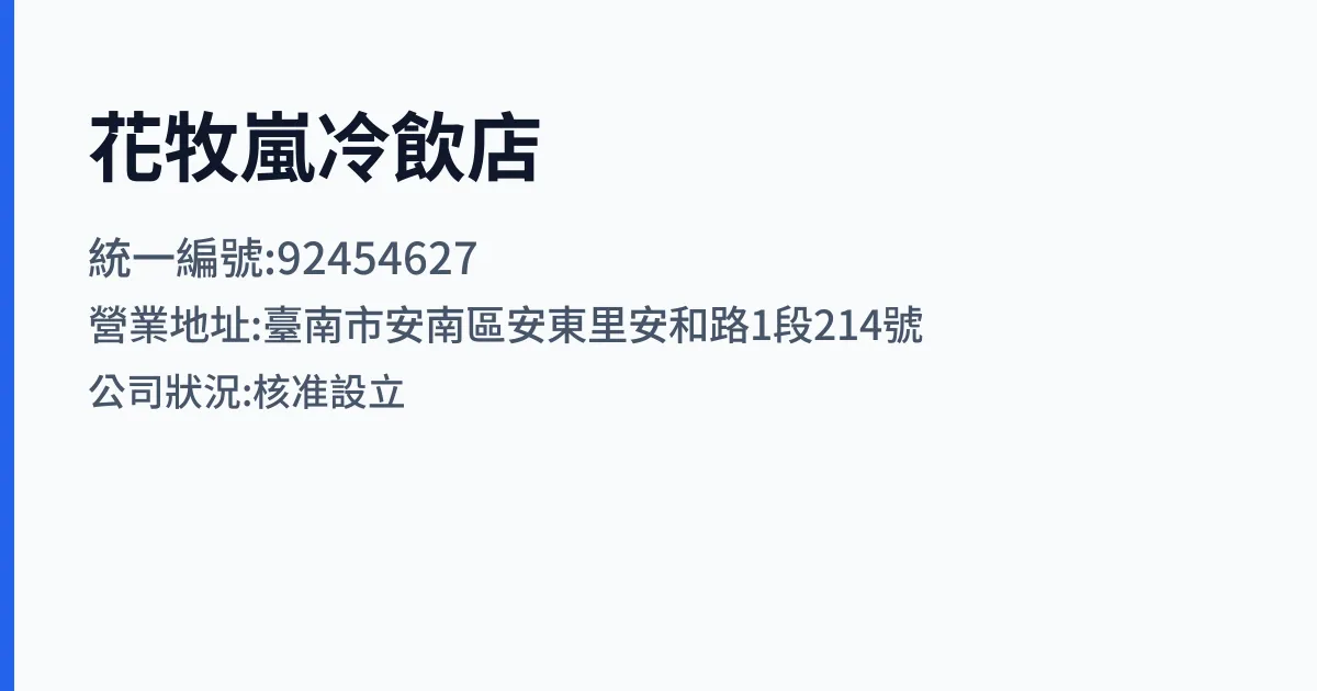 花牧嵐冷飲店 - 統編 92454627(臺南市) 公司登記資料與營業項目詳細圖表