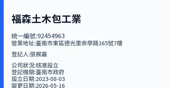 福森土木包工業的照片-統編 92454963(臺南市) 公司登記資料與營業項目詳細圖表