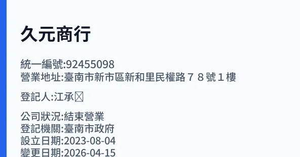 久元商行的照片-統編 92455098(臺南市) 公司登記資料與營業項目詳細圖表
