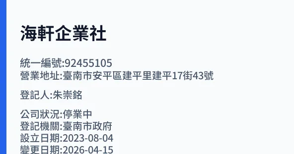 海軒企業社的照片-統編 92455105(臺南市) 公司登記資料與營業項目詳細圖表